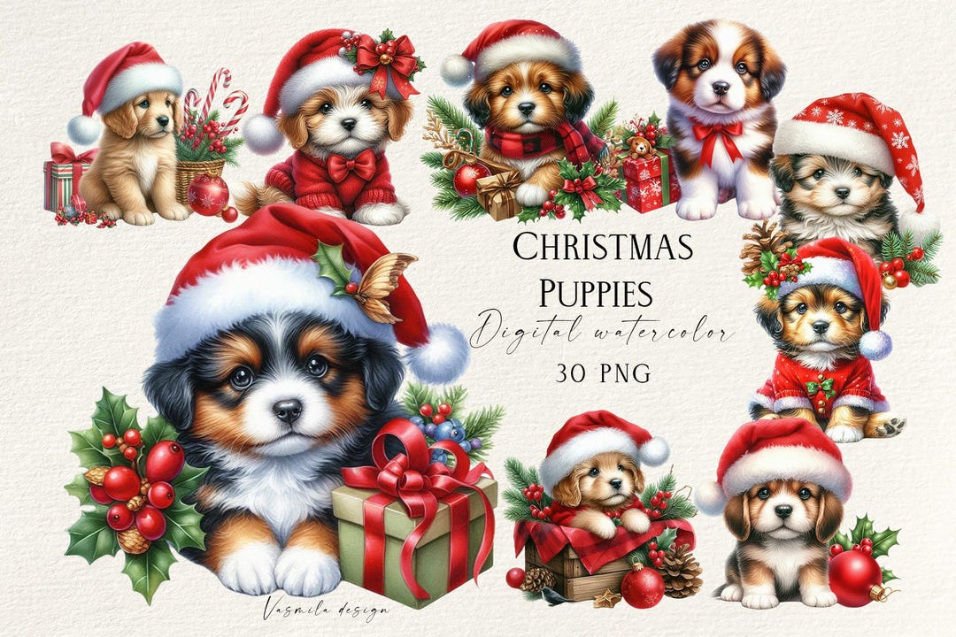 Watercolor Christmas Puppy Clipart: Holiday PNG Bundle (300 DPI) - Etsy