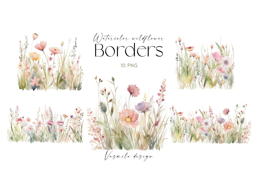 Watercolor Wildflower Borders: PNG Clipart, Bouquets (digital Download ...