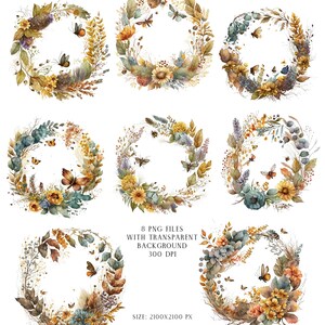 Watercolor Autumn Wreaths PNG, Printable Floral Clipart, Plant Clipart ...
