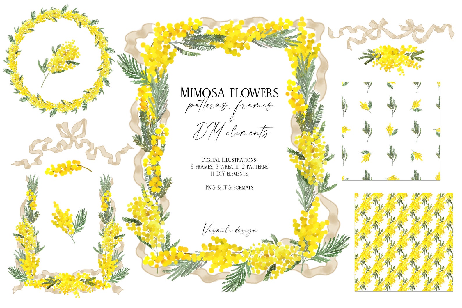 Mimosa Flowers Borders Frames PNG, Spring Yellow Floral Garlands ...