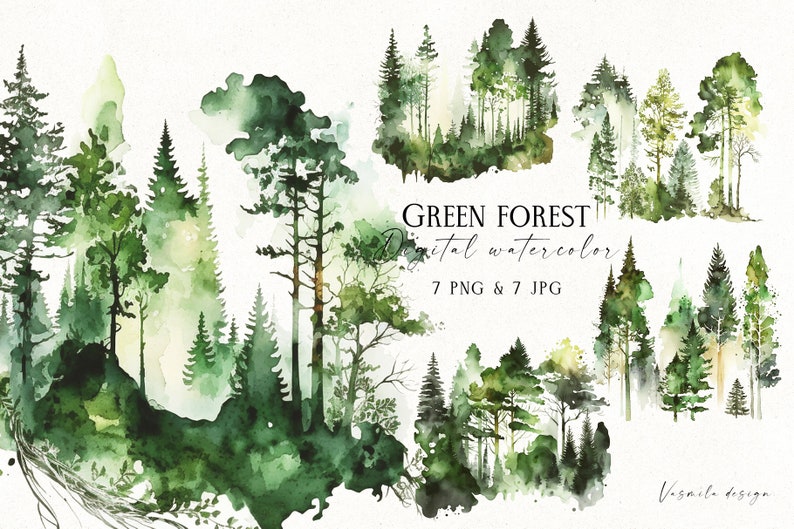Watercolor Green Forest PNG, Green Pine Forest, Green Tree Forest ...