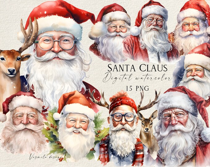 Cute Santa Claus Clipart Bundle Watercolor Christmas Santa Claus Sleigh ...