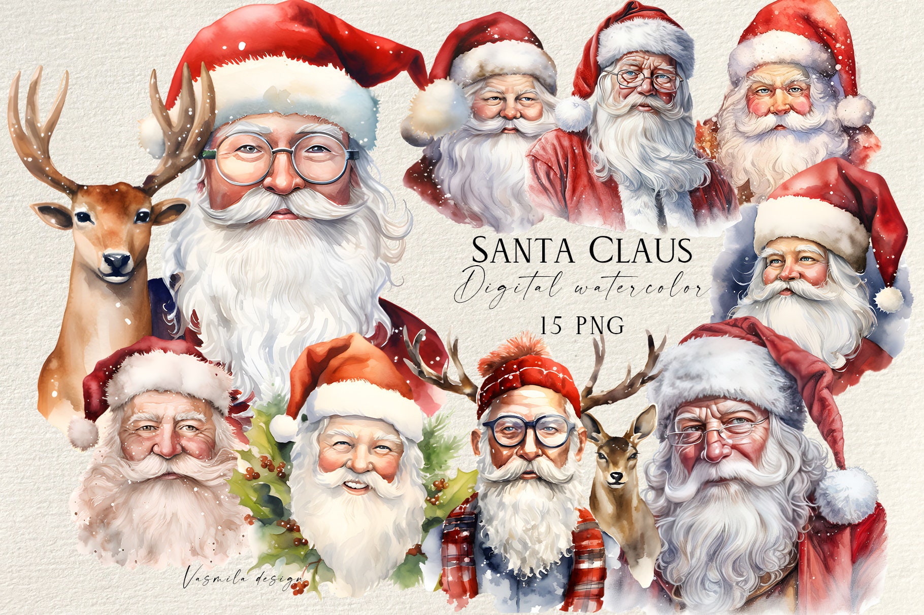 Christmas Santa Claus PNG, Watercolor Santa Claus Clipart Bundle ...