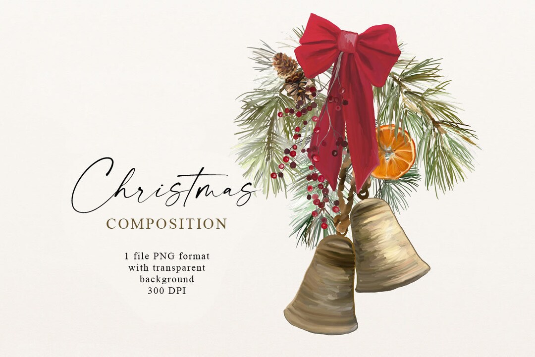 Christmas Clipart, Holiday Decoration, Bells Bow Spruce Png, Winter ...