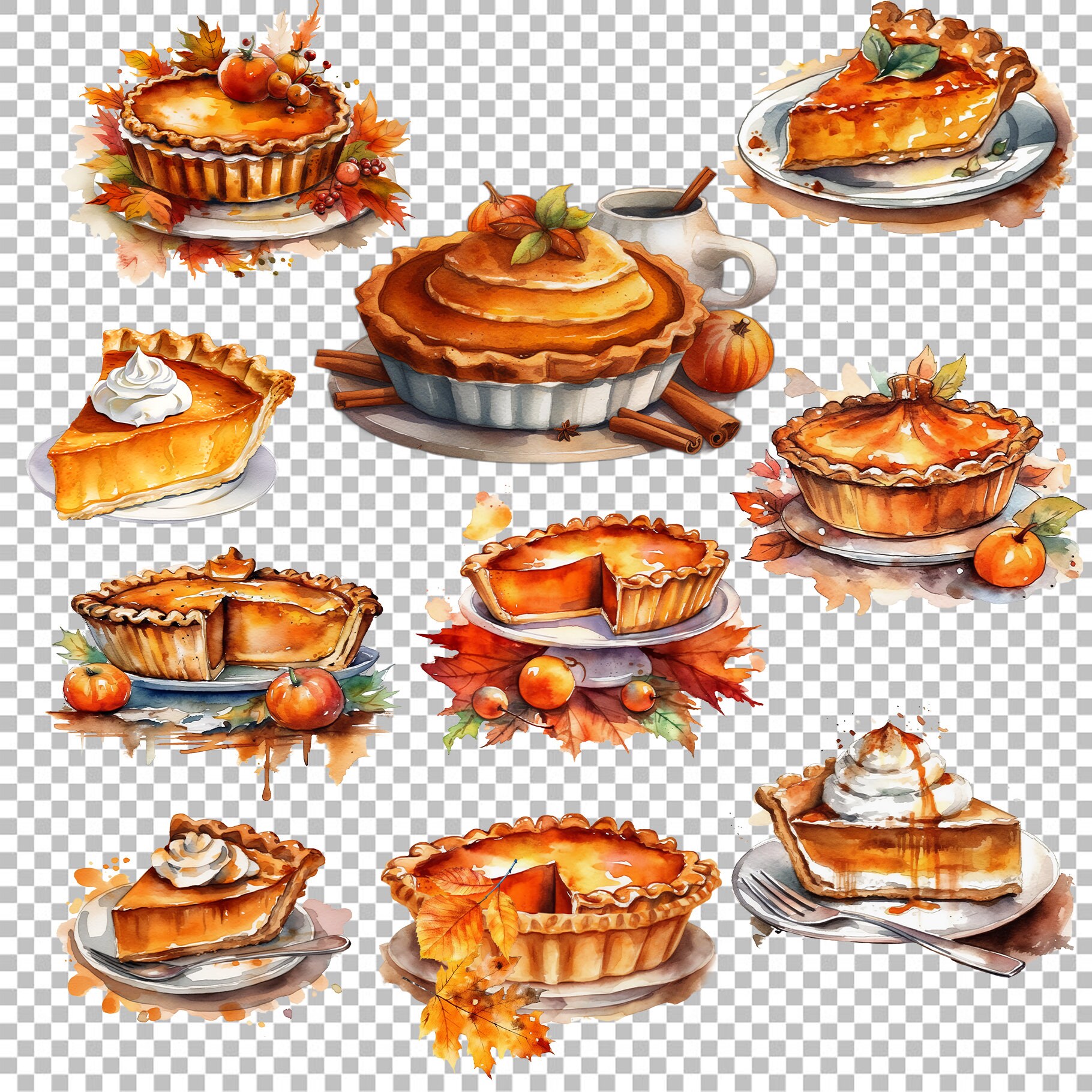 Watercolor Pumpkin Pie Clipart PNG Thanksgiving Dinner - Etsy