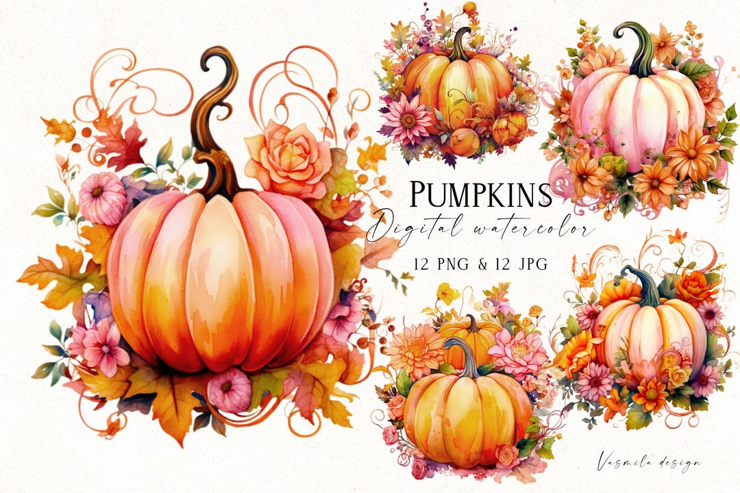 Floral Pumpkin Clipart Bundle: Thanksgiving PNG Graphics (digital ...
