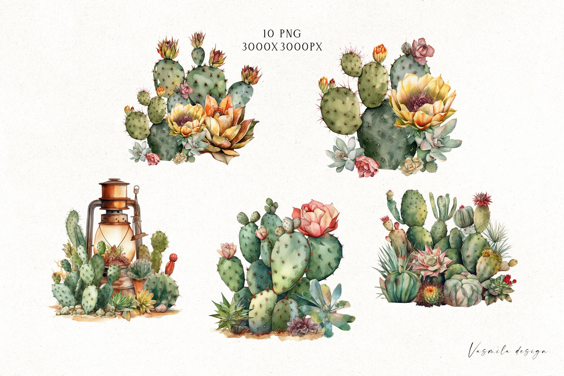 Blooming Cacti Clipart, Watercolor Cactus PNG Clipart, 10 Printable ...