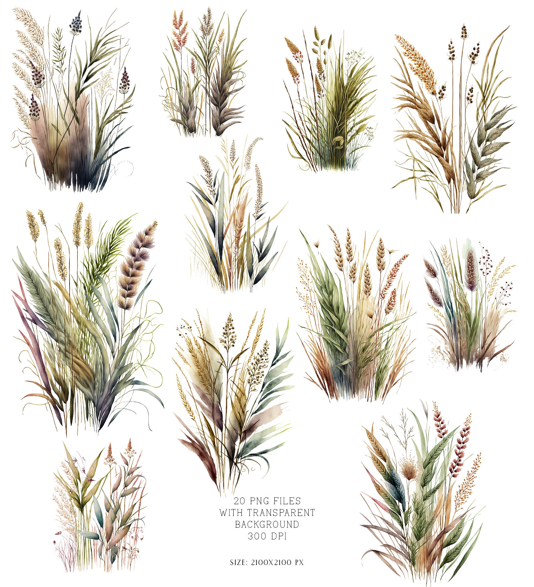 Watercolor Meadow Grass Bouquets, Wild Plants PNG, Floral Bouquet Set ...