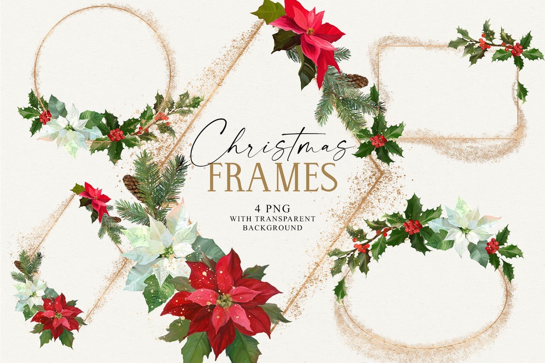Christmas Floral Frames: Poinsettia, Golden Border (PNG Digital Clipart ...