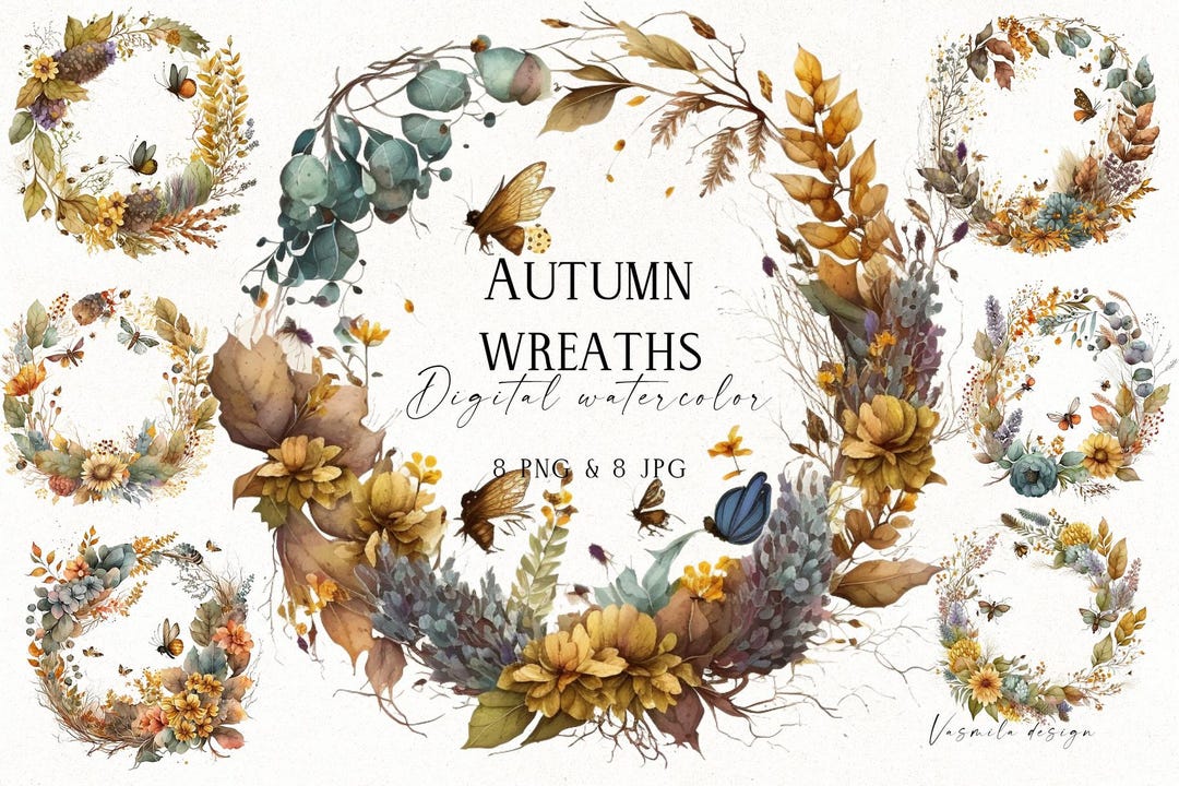 Watercolor Autumn Wreaths PNG, Printable Floral Clipart, Plant Clipart ...