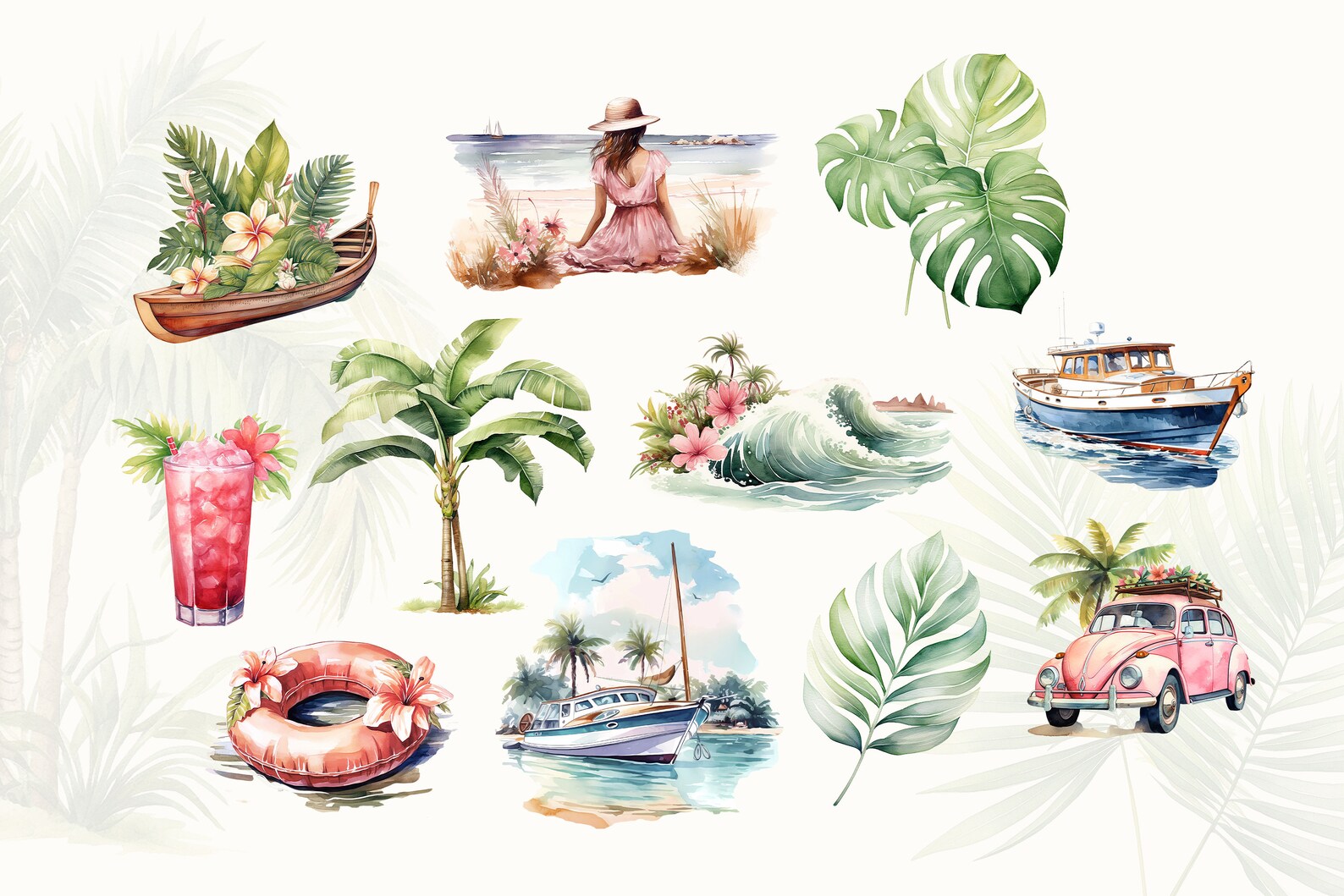 Watercolor Summer Clipart, 35 PNG Summer on the Beach, Beach Holiday ...