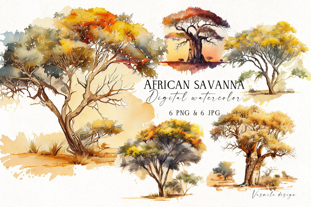 Watercolor Savanna Trees Clipart: African Landscape (digital Download ...