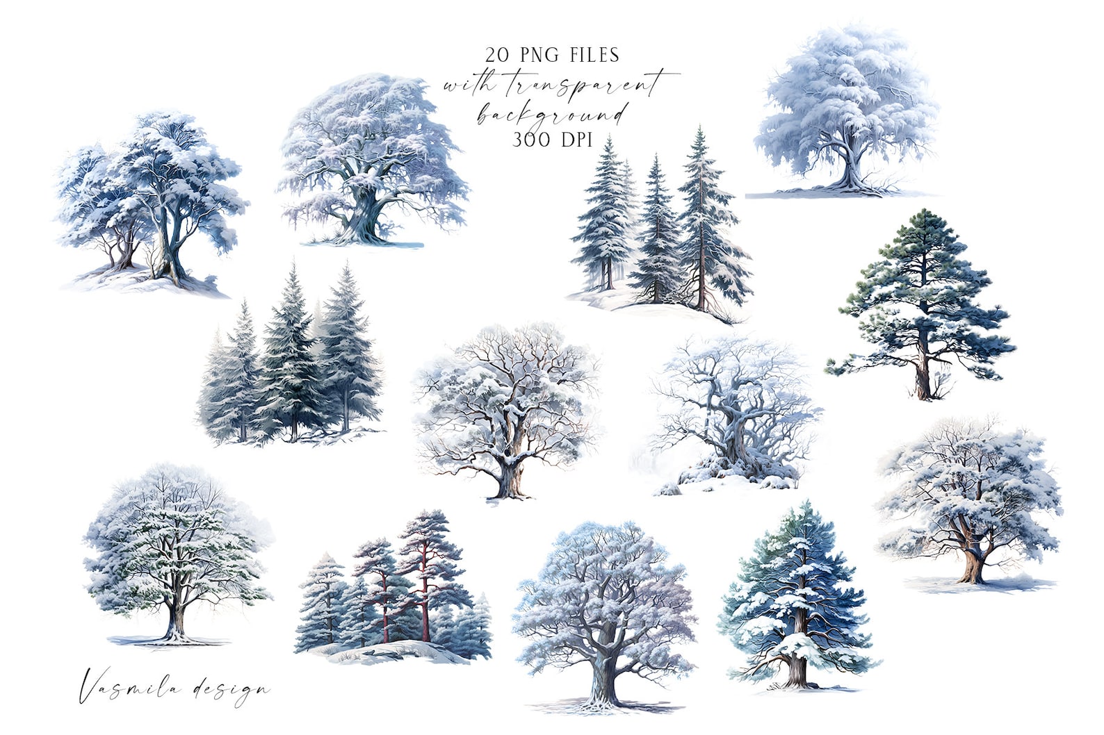 Watercolor Winter Forest Clipart: Snowy Pine Trees, Mountains (PNG ...
