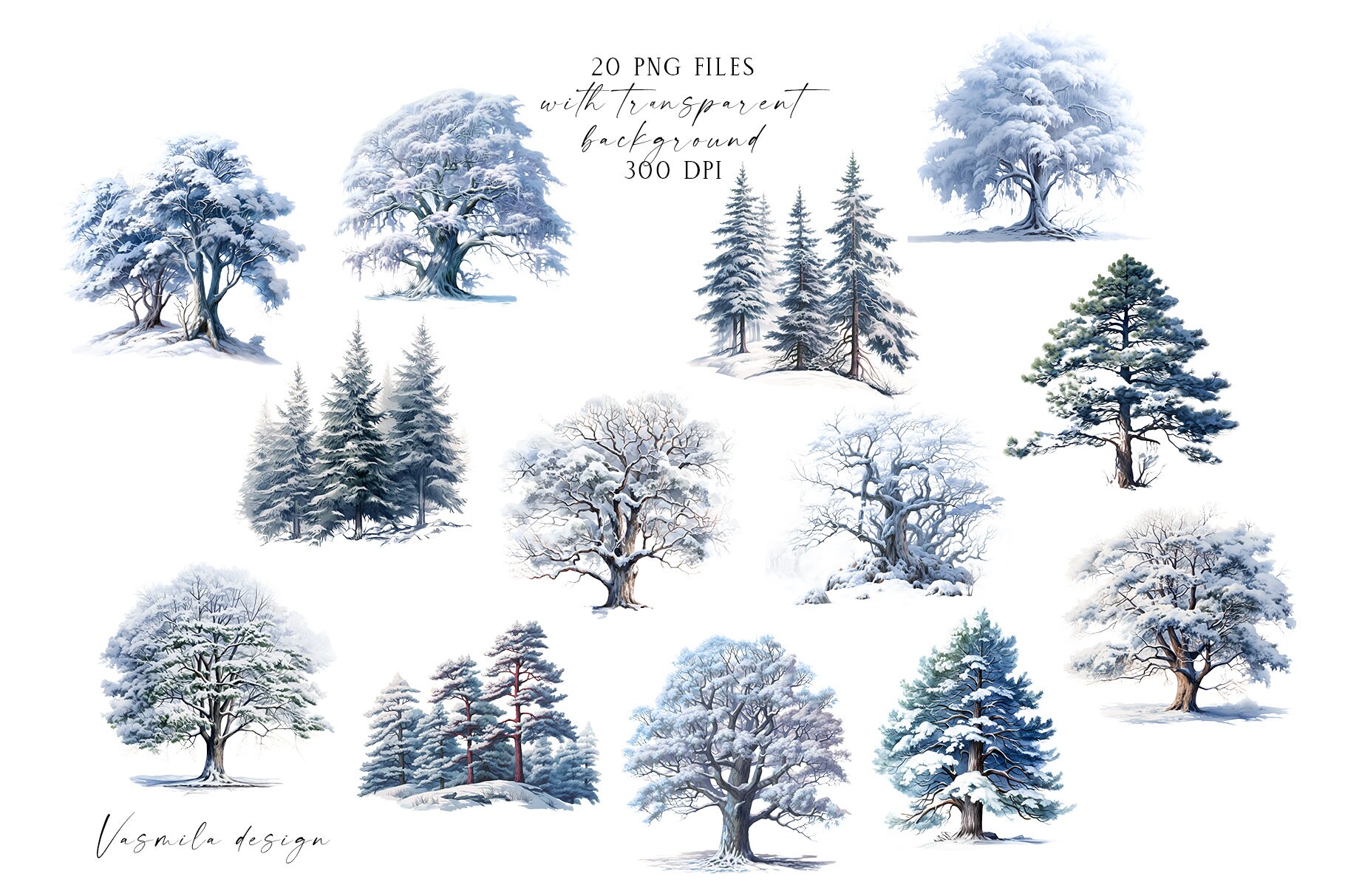 Watercolor Winter Forest Clipart: Snowy Pine Trees, Mountains (PNG ...