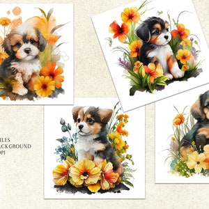 Watercolor Puppies Clipart, Cute Floral Puppy PNG, Dogs in Flowers ...