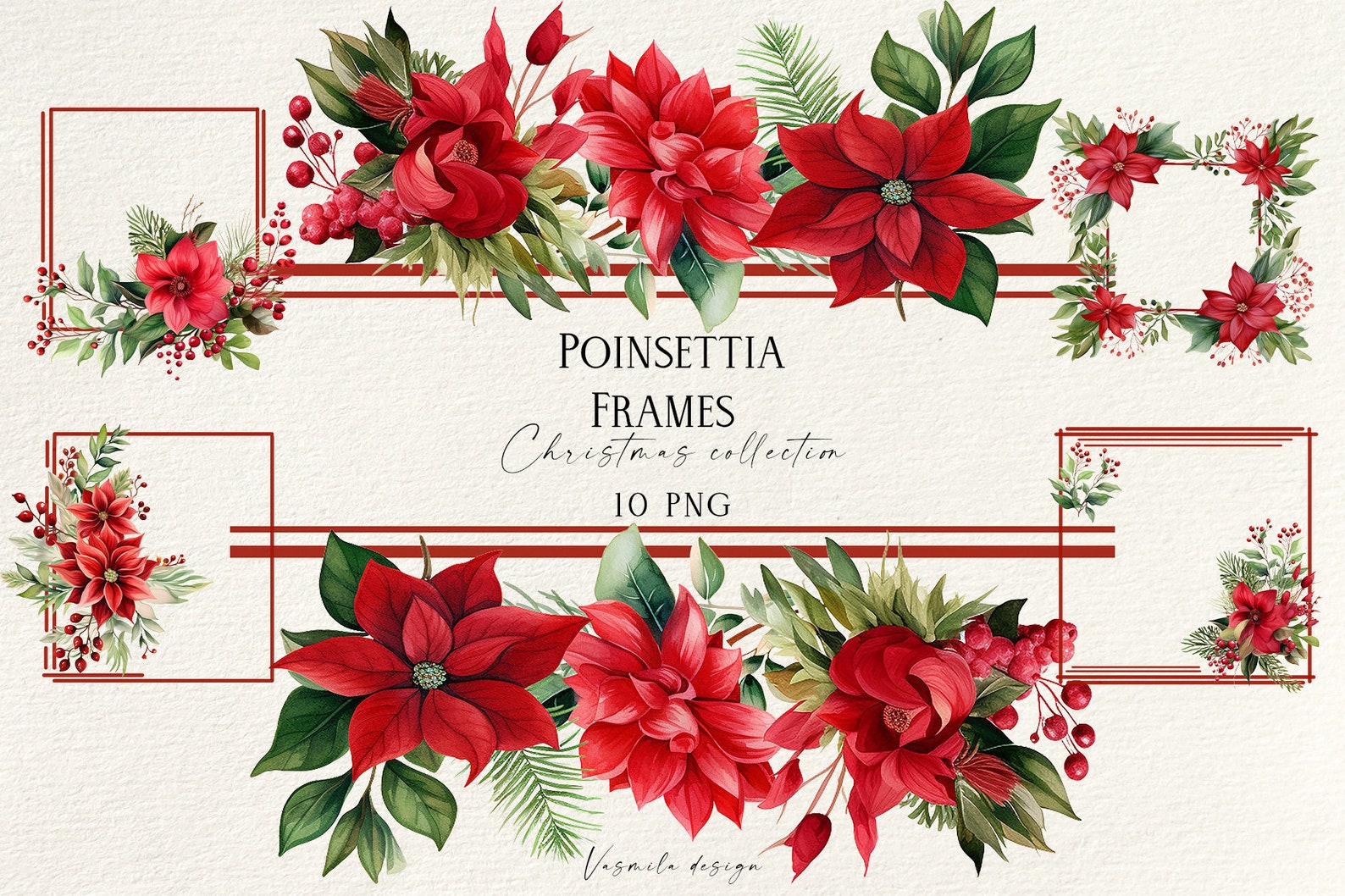 Christmas Decorative Poinsettia Frames PNG, Poinsettia Flower Borders ...