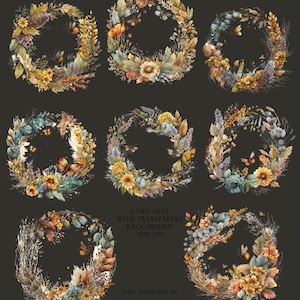 Watercolor Autumn Wreaths PNG, Printable Floral Clipart, Plant Clipart ...