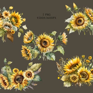 Watercolor Sunflower Bouquets, Sunflower PNG, Floral Rustic Clipart PNG ...