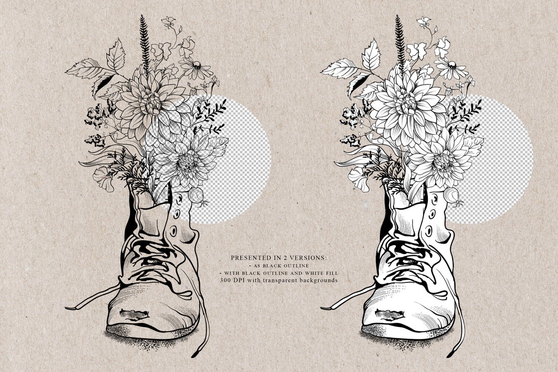 Floral Line Art Bouquet Flowers SVG, Hand Drawn Old Shoe Illustration ...