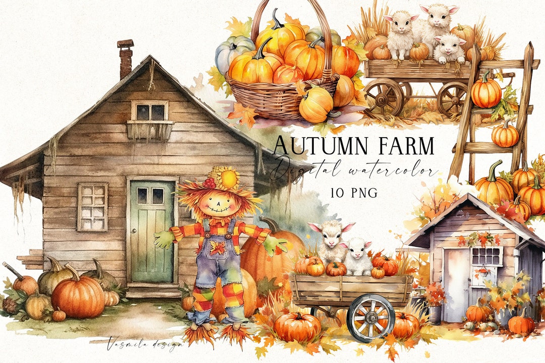 Watercolor Autumn Farm Clipart: Thanksgiving Pumpkins PNG (digital ...
