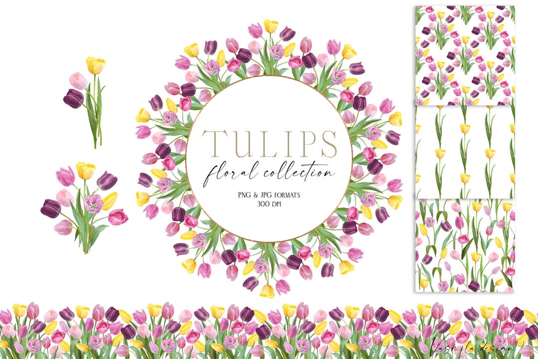 Tulip Flower Clipart: Hand-drawn Floral Borders, Frames, Patterns (PNG ...