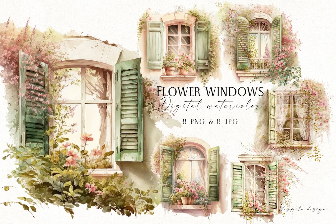 Watercolor Flower Windows Clipart: Provence Cat Illustration (digital ...