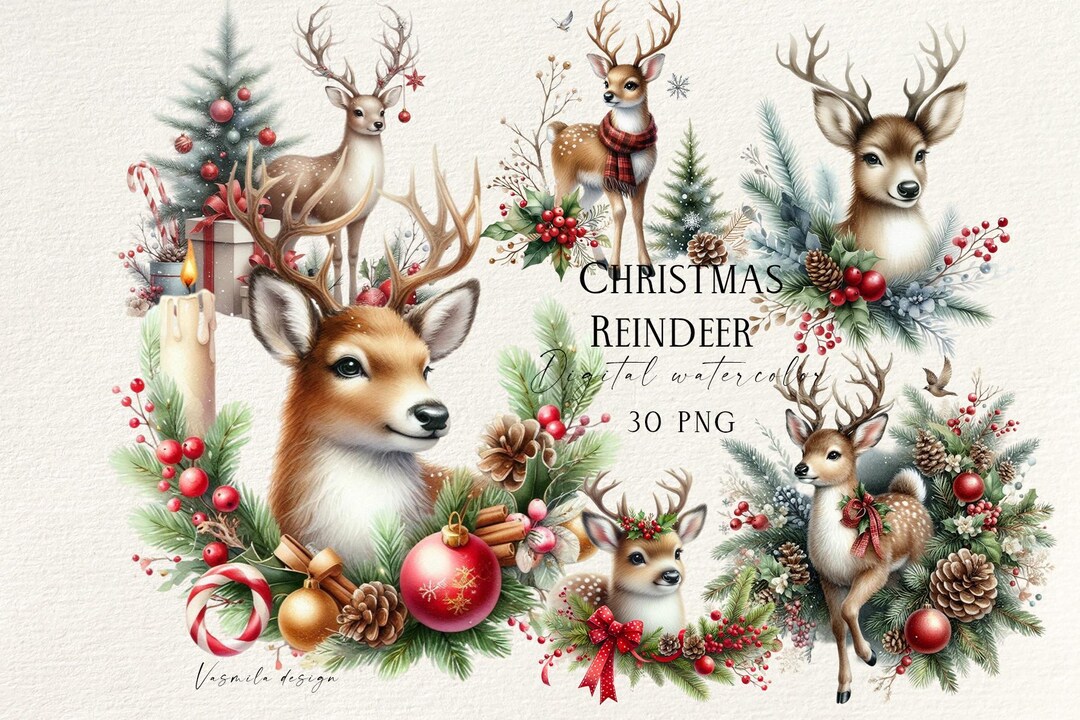Christmas Reindeer Clipart, Reindeer PNG Clipart Bundle, Christmas ...