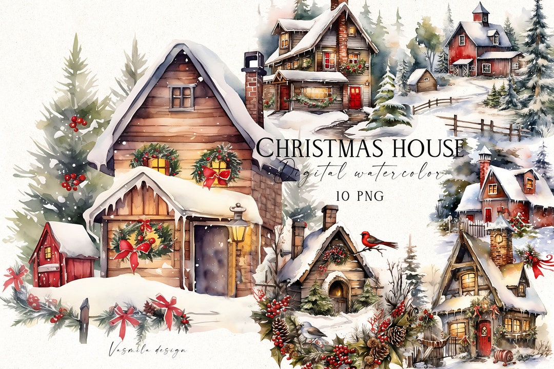 Christmas House Clipart, Watercolor Christmas House PNG, Winter Houses ...