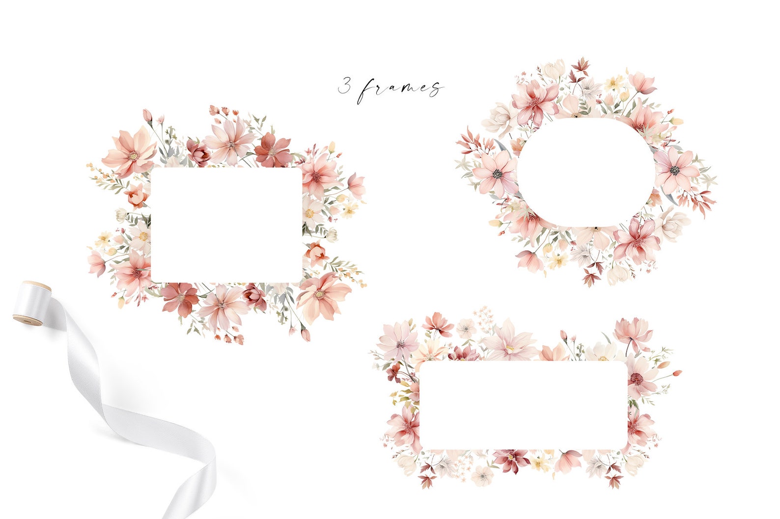 Watercolor Blush Flower Clipart: Bouquets, Borders, Frames (PNG Digital ...