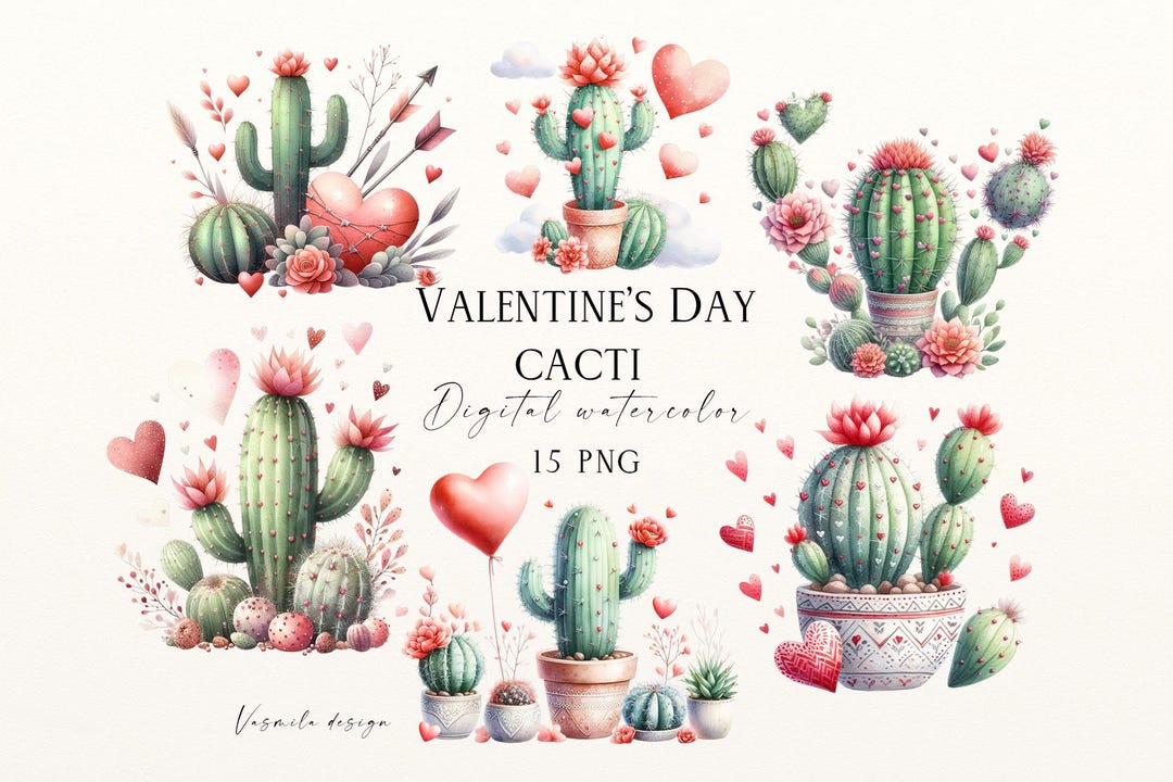 Valentine's Day Lovely Cacti PNG, Flower Cacti With Hearts, Watercolor ...