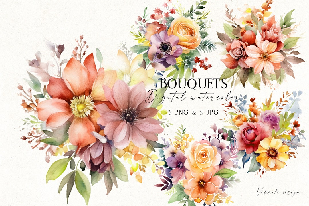Watercolor Garden Flower Bouquets, Watercolor Flowers PNG, Floral ...