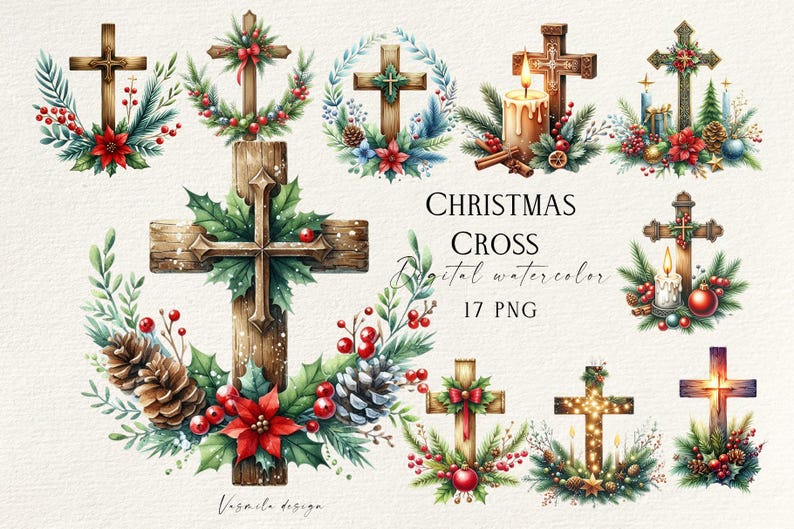 Watercolor Christmas Cross Clipart Bundle: Holly PNG (digital Download ...