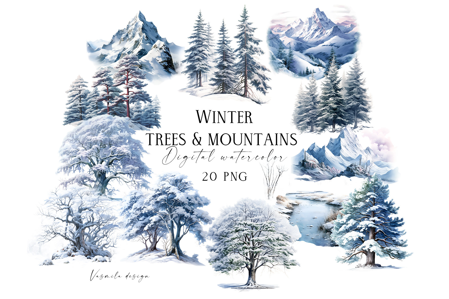 Watercolor Winter Forest Clipart: Snowy Pine Trees, Mountains (PNG ...