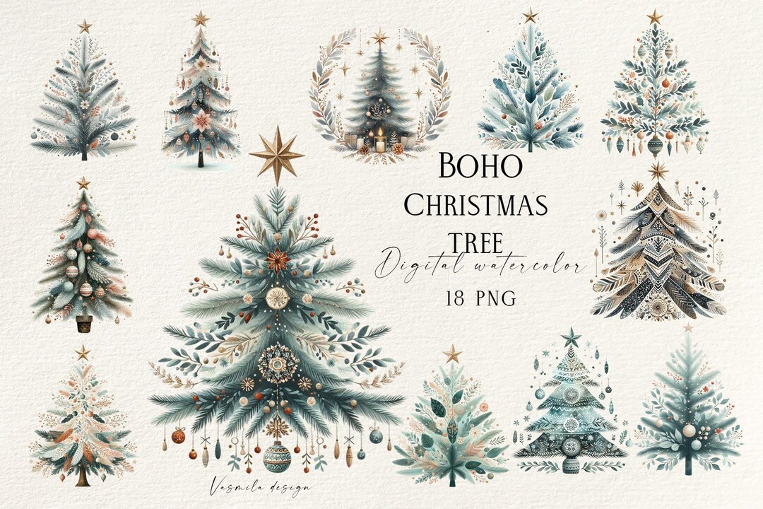 Boho Christmas Tree Clipart: Watercolor PNG Bundle (digital Download ...