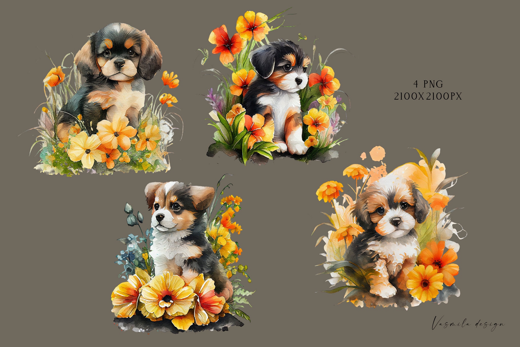 Watercolor Puppies Clipart Cute Floral Puppy PNG Dogs in - Etsy