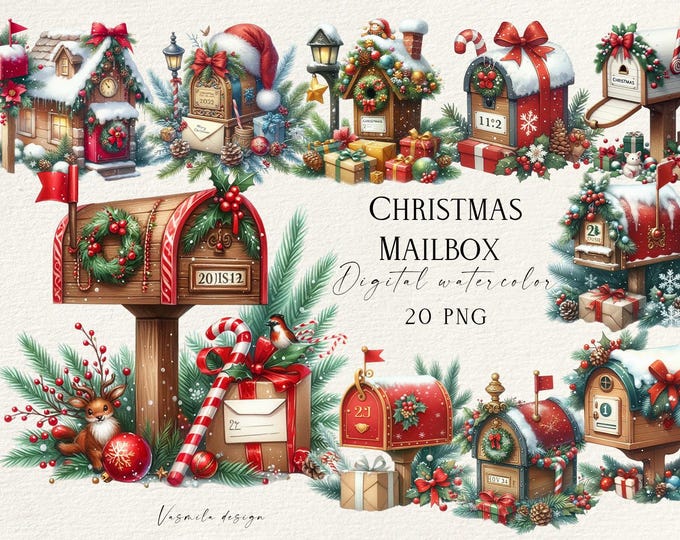 Printable Christmas Mailbox Clipart Set - Set #1, PNG, Commercial Use ...