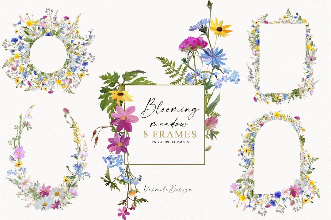 Wildflower Frames PNG, Hand Painted Floral Frames JPG, Summer Meadow ...