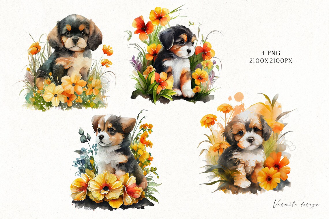 Watercolor Puppies Clipart Cute Floral Puppy PNG Dogs in - Etsy