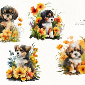 Watercolor Puppies Clipart, Cute Floral Puppy PNG, Dogs in Flowers ...