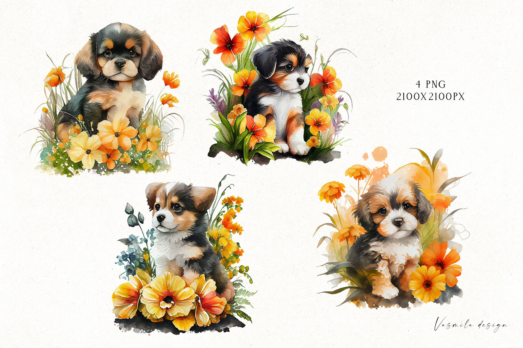 Watercolor Puppies Clipart, Cute Floral Puppy PNG, Dogs in Flowers ...
