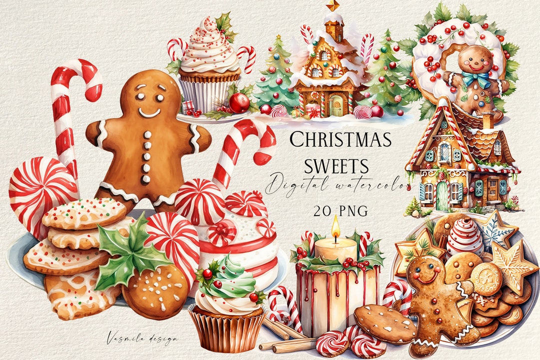Christmas Holiday Dessert, Watercolor Festive Cookie Clipart, Christmas ...
