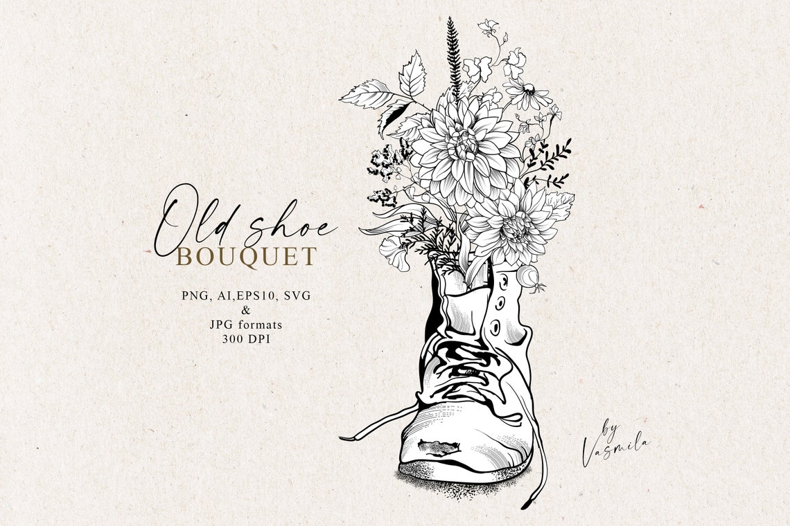 Floral Line Art Bouquet Flowers SVG, Hand Drawn Old Shoe Illustration ...