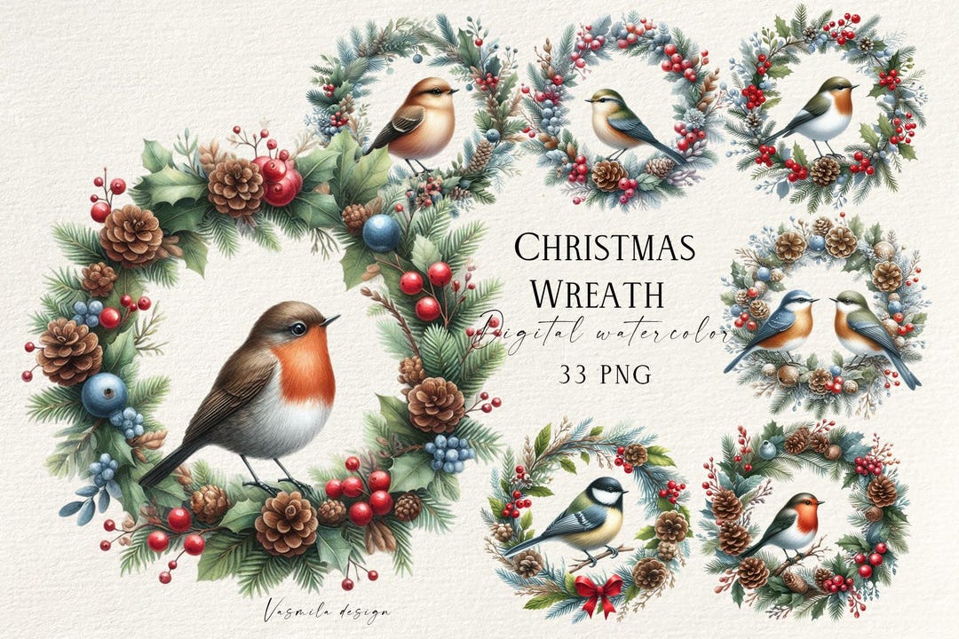 Christmas Bird Wreath Clipart, Bird Wreath PNG Clipart Bundle ...