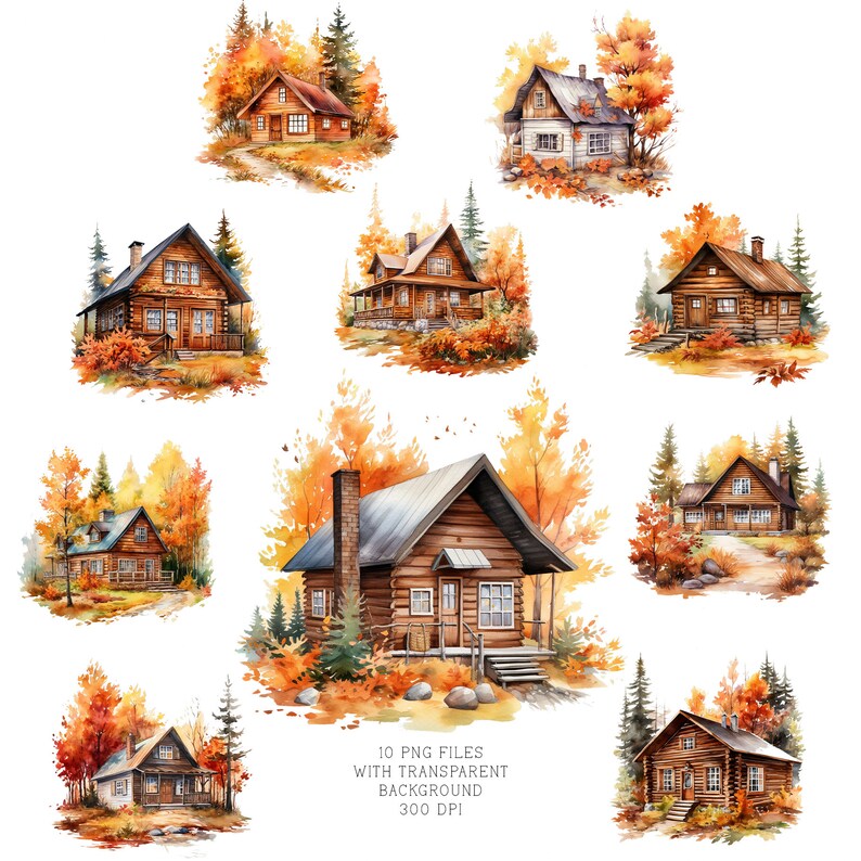 Autumn Log Cabin in the Woods, Cabin Clipart Png, Watercolor Log Cabin Bundle, Forest Houses ...