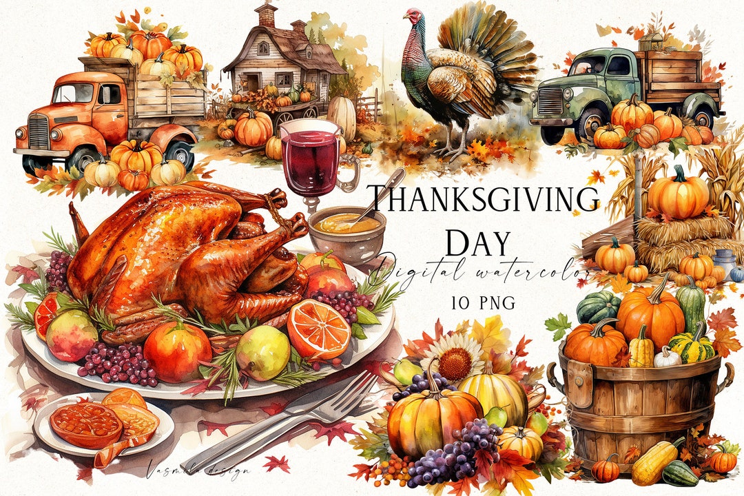 Watercolor Thanksgiving Clipart Bundle: Autumn Harvest Graphics (PNG ...