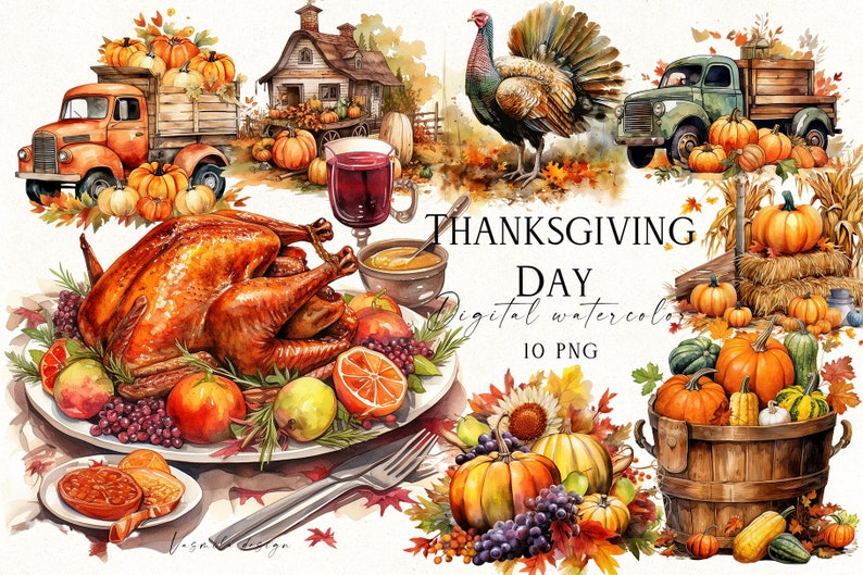 Watercolor Thanksgiving Day Clipart PNG, Autumn Clipart Bundle ...