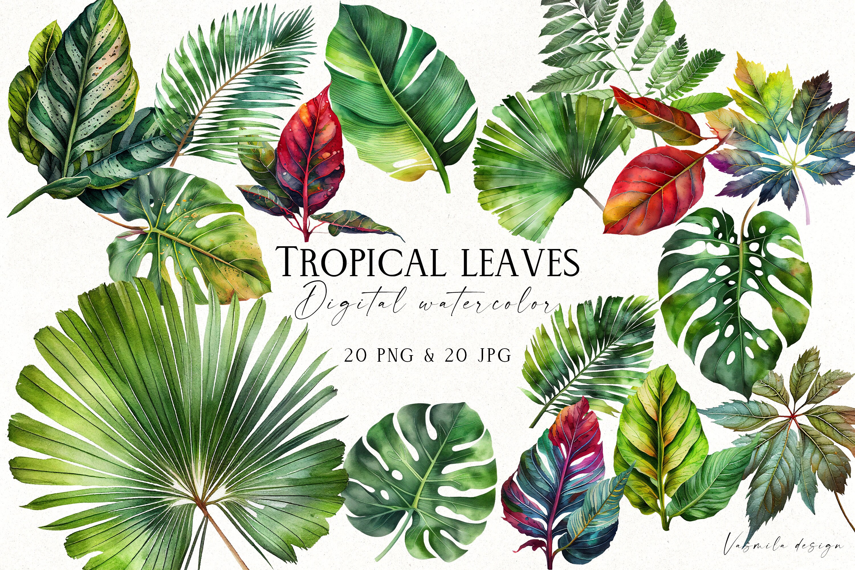 Watercolor Tropical Leaves Clipart: Floral PNG Graphics (digital ...