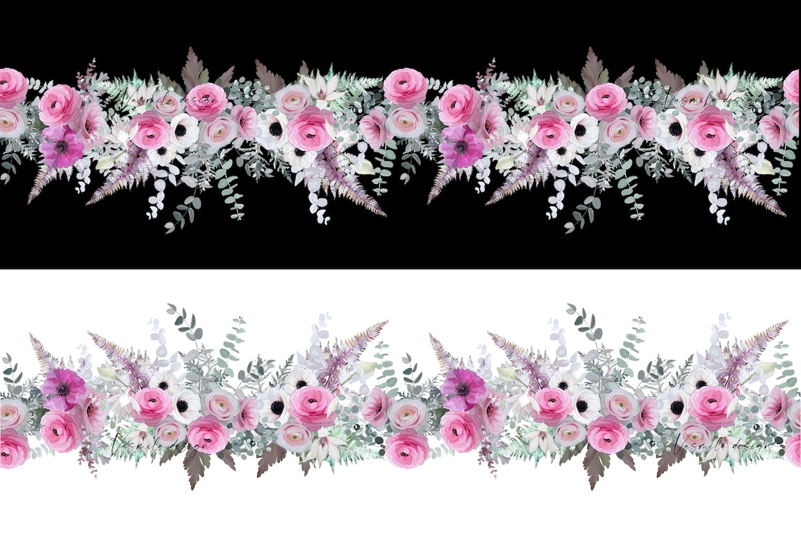 Border Pink Flowers PNG Floral Greenery Garland Flower - Etsy