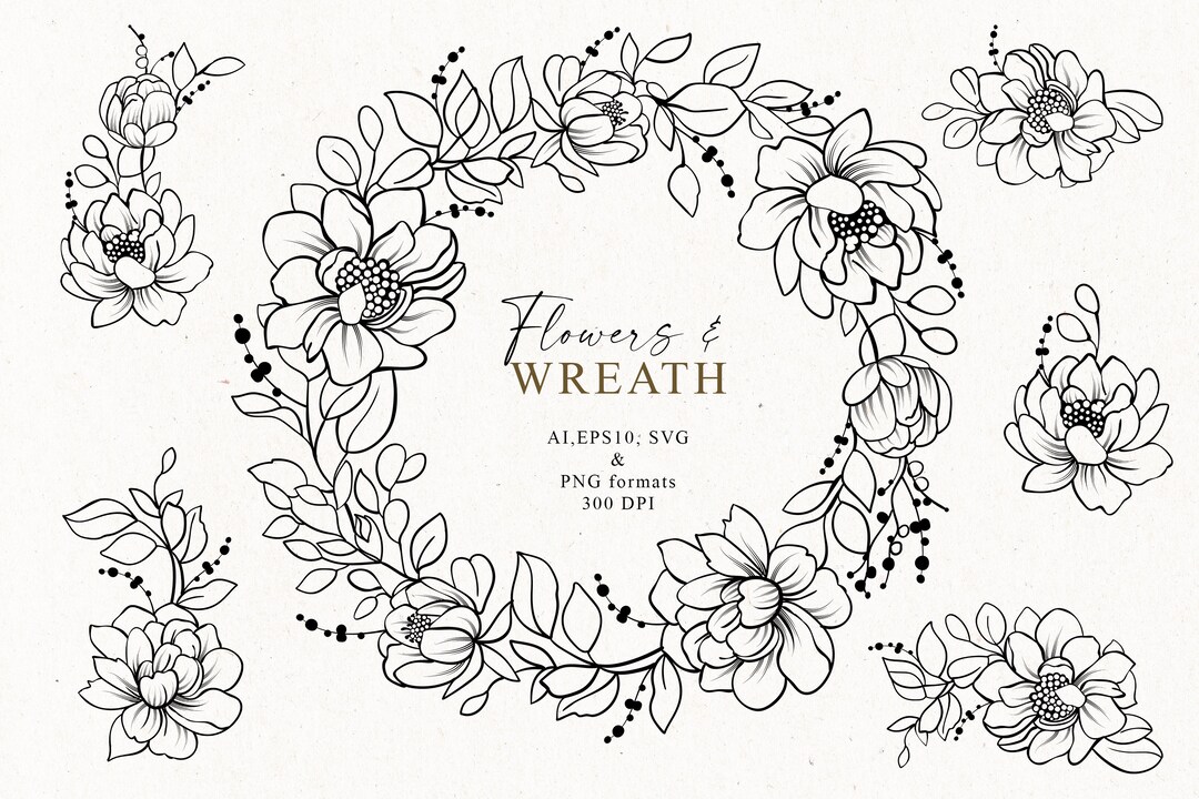 Hand Drawn Line Art Floral Arrangements SVG, Outline Flower Wreath ...