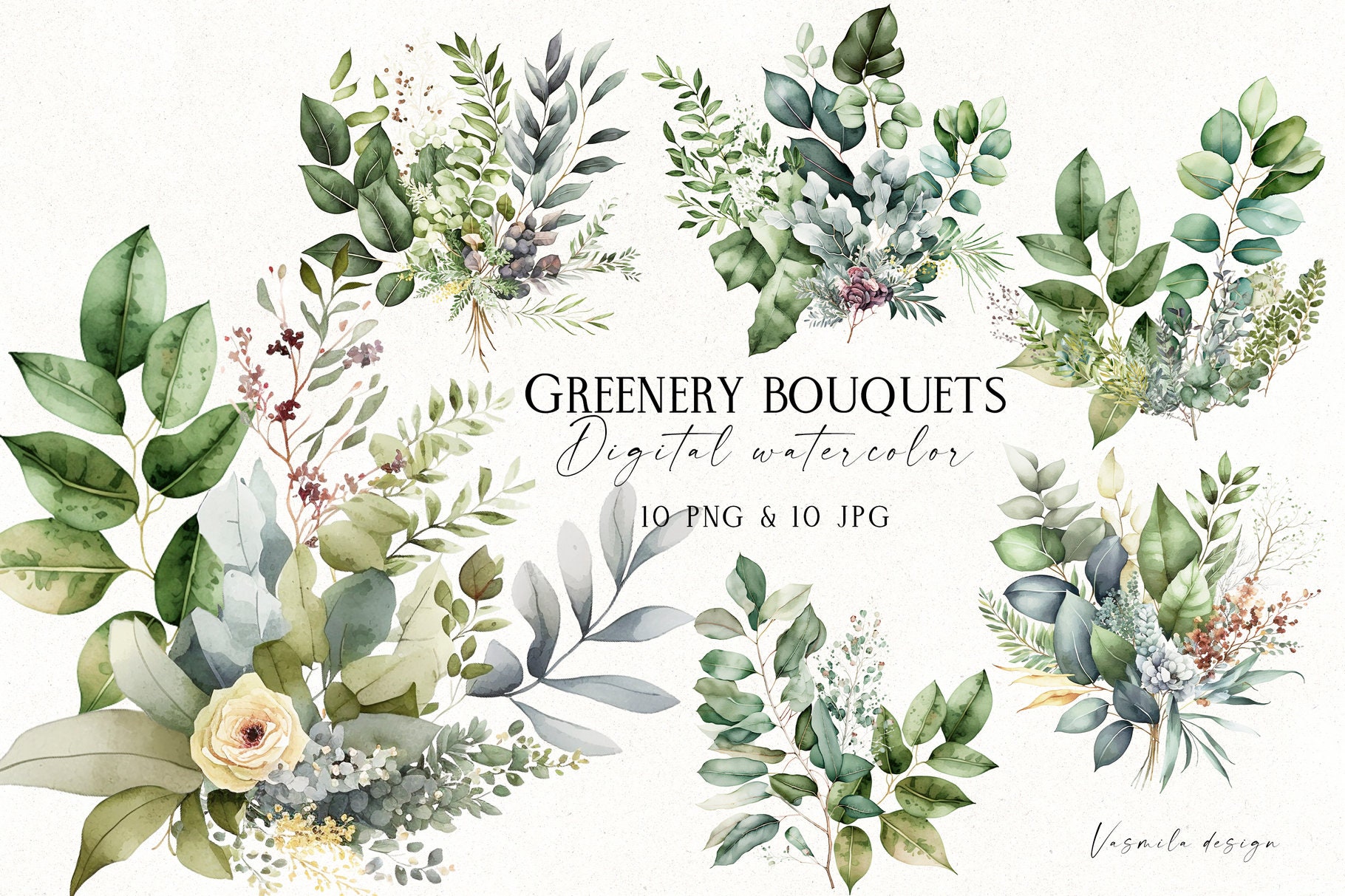 Watercolor Greenery Bouquets Clipart PNG Printable Watercolor - Etsy